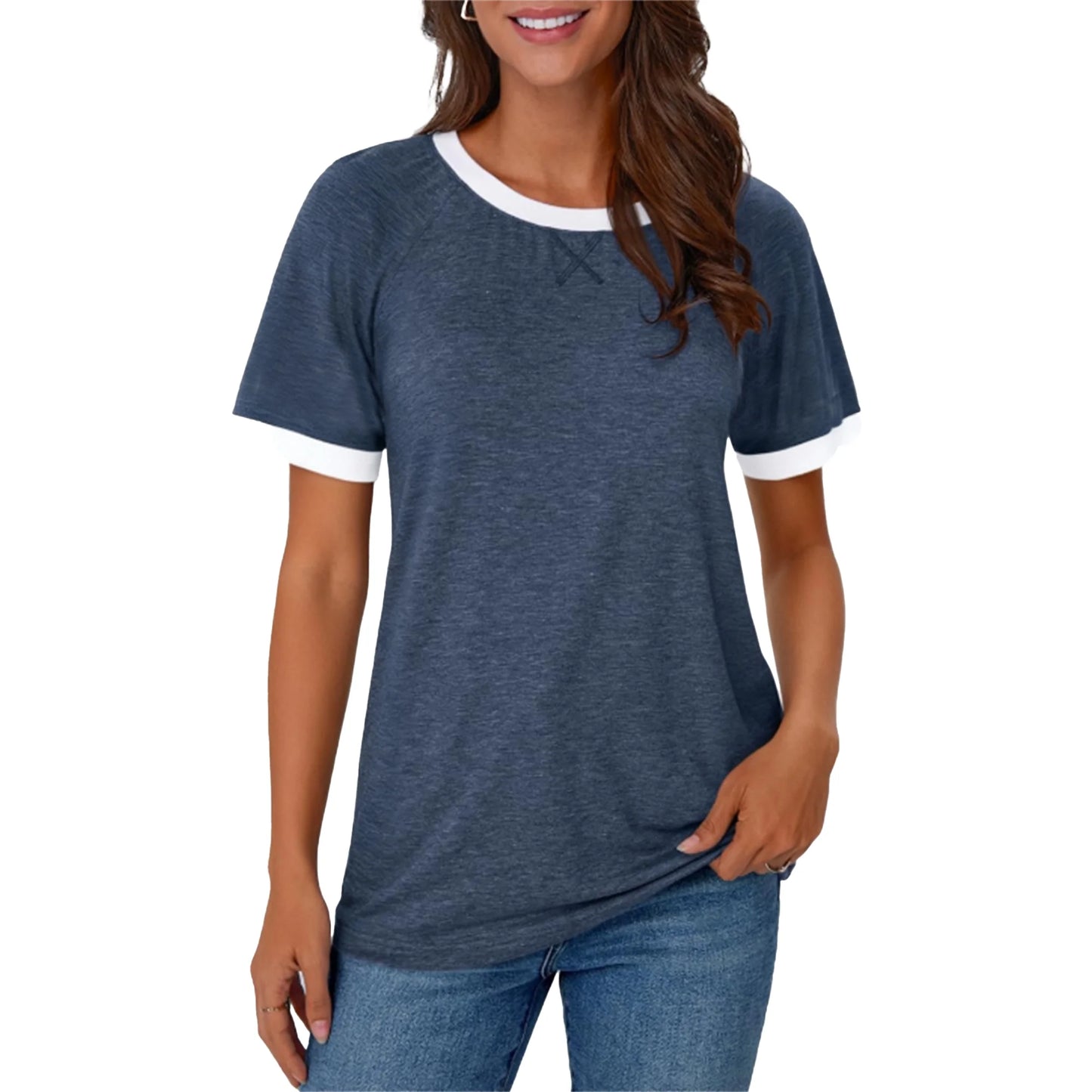 MOSHU Color Block Womens T-shirts Round Neck Shirts for Women Short Sl