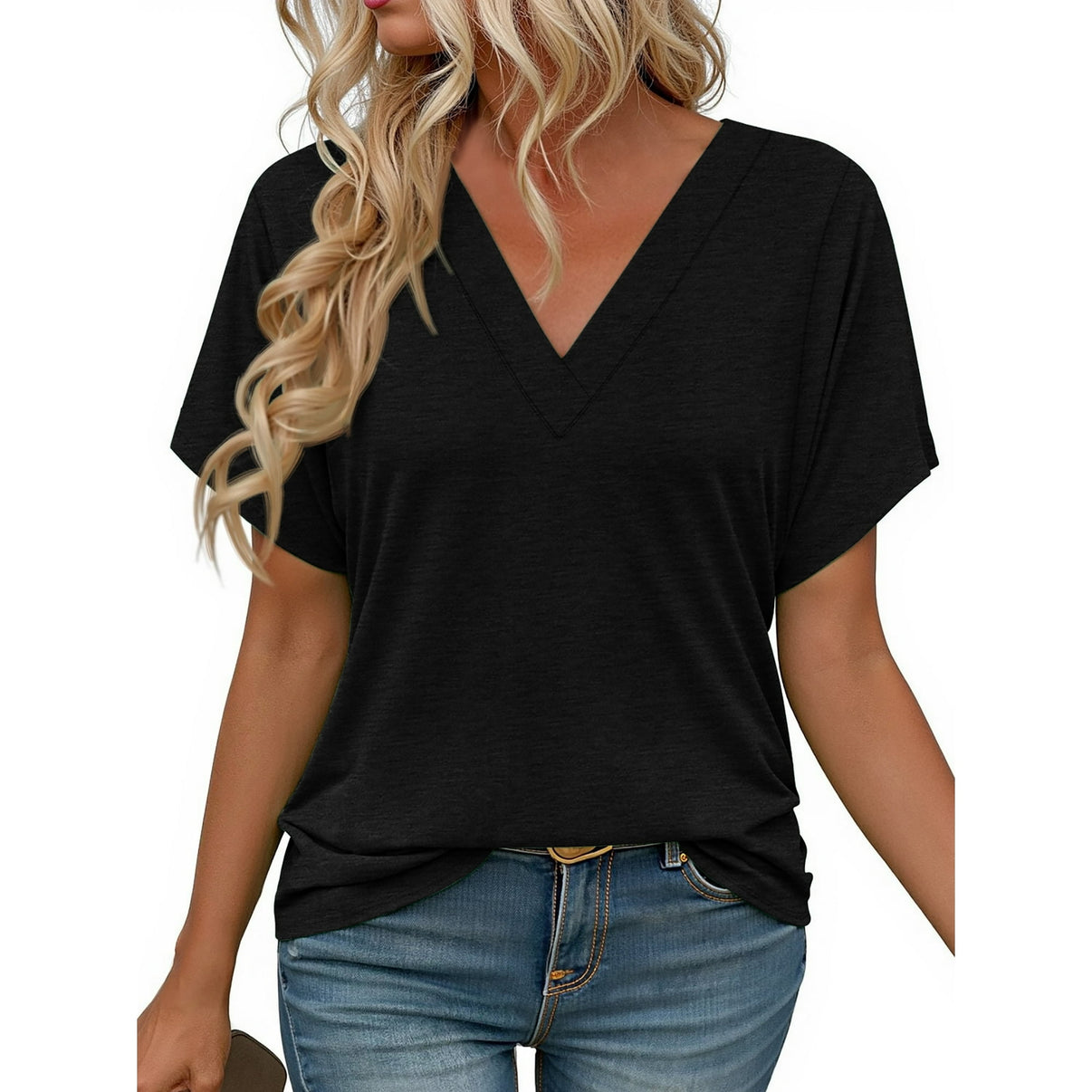 MOSHU Deep V Neck Womens Tops Curved Hem Shirts for Women Fashion Tren